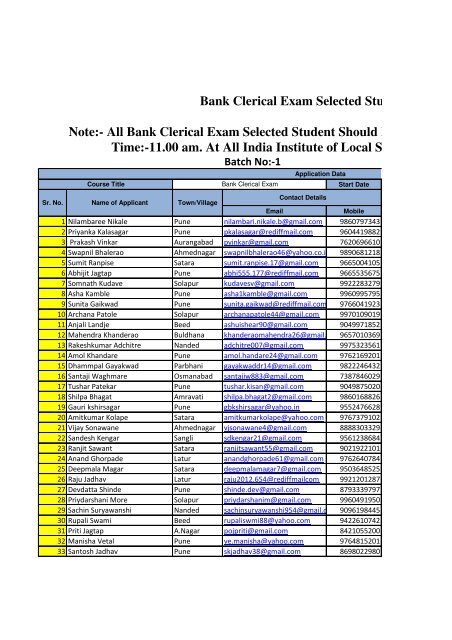 Selected students for Bank clerical Exam - All India Institute of Local ...