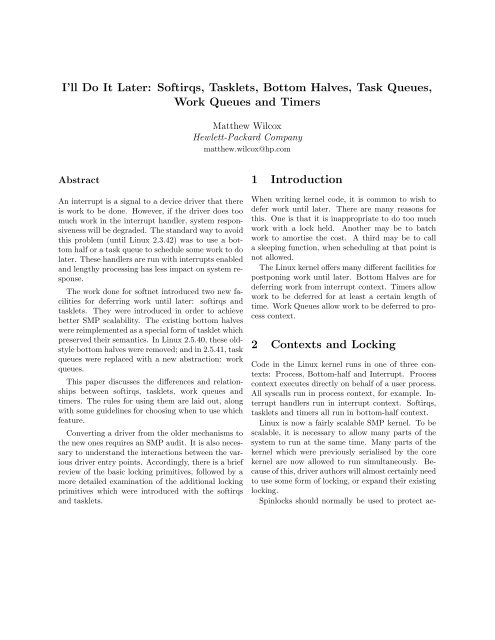 I'll Do It Later: Softirqs, Tasklets, Bottom Halves, Task Queues, Work ...