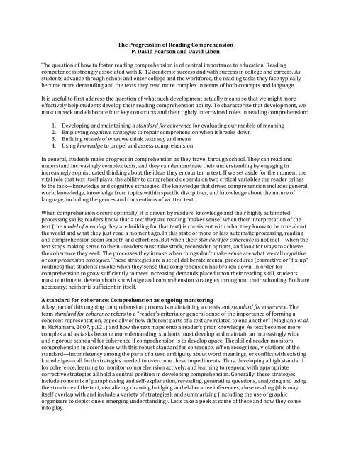 The Progression of Reading Comprehension P. David Pearson and ...
