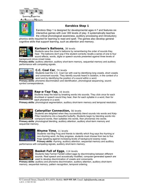 Earobics Step 1 Karloon's Balloons, 38 levels C.C. Coal Car, 74 ...