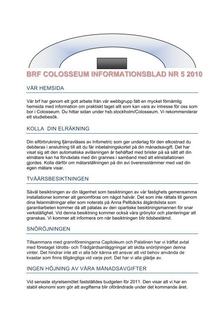 Informationsblad 5, november 2010 - Brf Colosseum