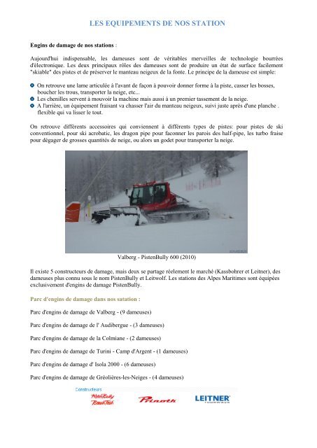 LES EQUIPEMENTS DE NOS STATION