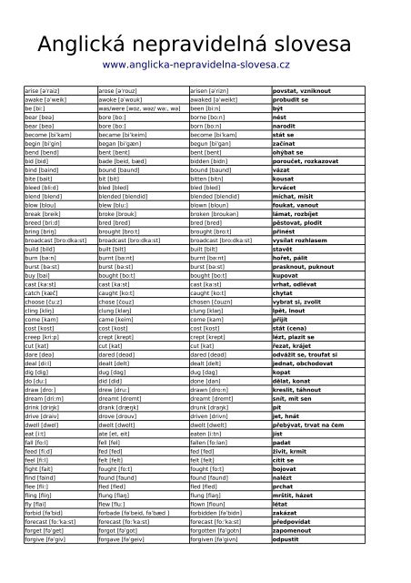 Stahuj PDF - Anglická nepravidelná slovesa