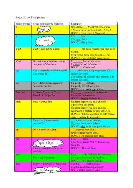 Leçon 5 : Les homophones Homophones Trucs pour aider ta ...