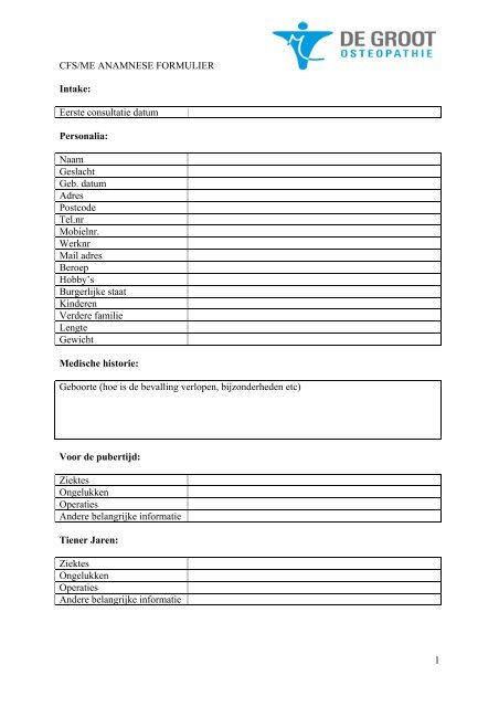 1 CFS/ME ANAMNESE FORMULIER Intake - de groot osteopathie