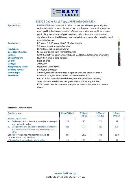 BS5308 Cable Part1 Type1 XLPE IAM CAM LSZH - Batt Cables