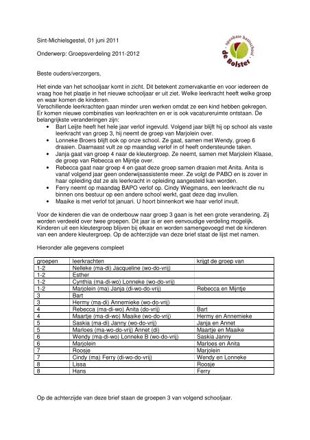 brief groepsverdeling 2011-2012 - obs De Bolster