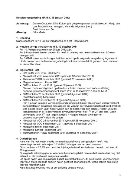 Notulen MR 16 januari 2012 - VSO De Hoge Brug