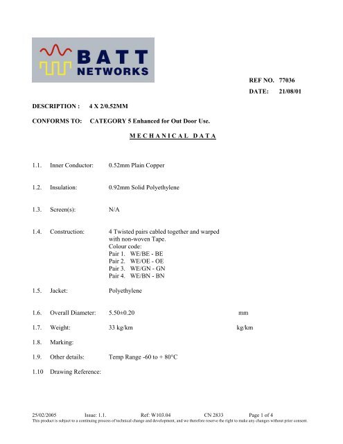 UTP Cat 5e Cable Spec Sheet - Batt Cables