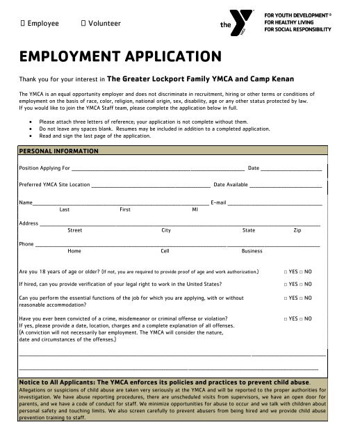 Download Employment Application - YMCA Camp Kenan
