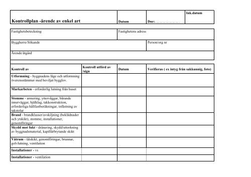 Exempel på Kontrollplan enkelt ärende - PDF - Vilhelmina