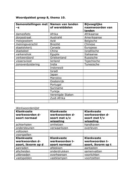 Woordpakket groep 8, thema 10. Samenstellingen met –s Namen ...