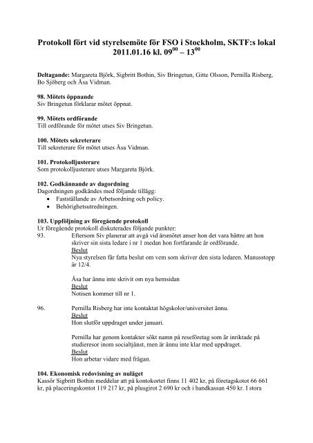 Styrelsemöte 2011-01-16