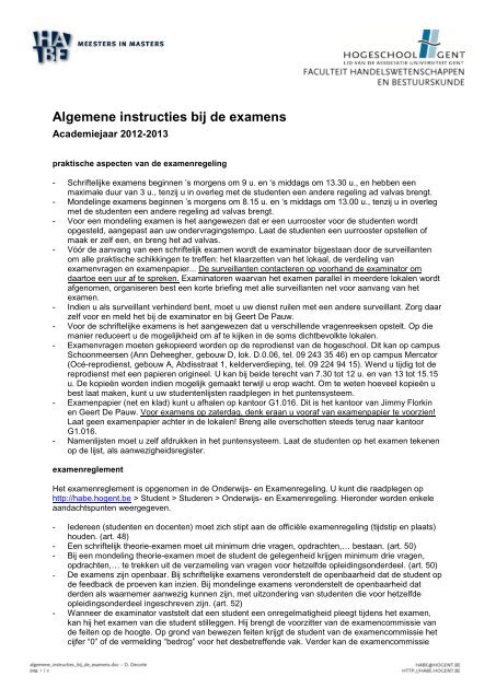 Algemene instructies bij de examens - HABE - Hogeschool Gent