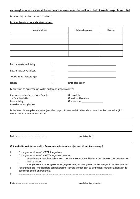 Aanvraagformulier voor verlof buiten de schoolvakanties als ... - Nldata