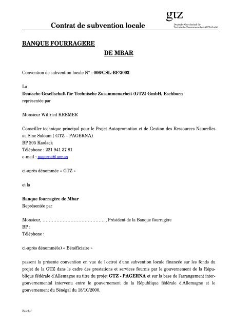 Contrat de subvention locale - Gouvernement du Sénégal