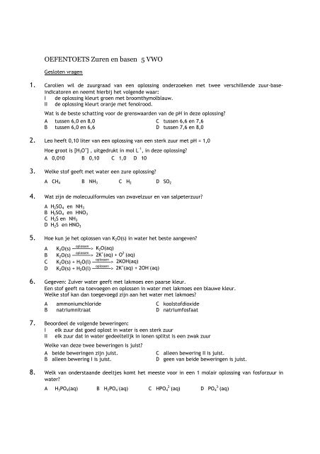 OEFENTOETS Zuren en basen 5 VWO 1. 2. 3. 4. 5. 6. 8.