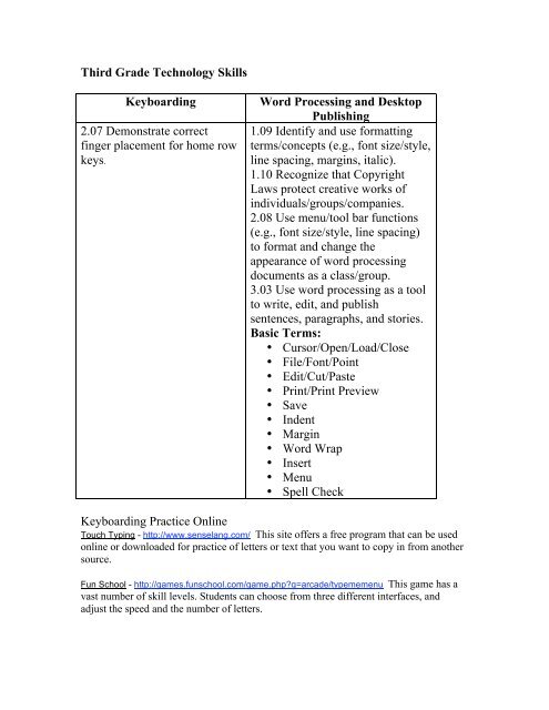 Third Grade Technology Skills Keyboarding Word Processing and ...