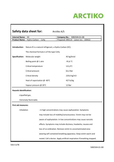 Data sheet refrigerant - Arctiko