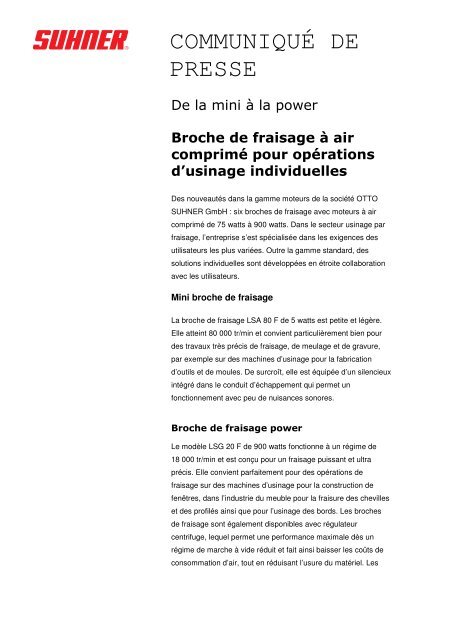 Broche de fraisage à air comprimé pour opérations d ... - Suhner