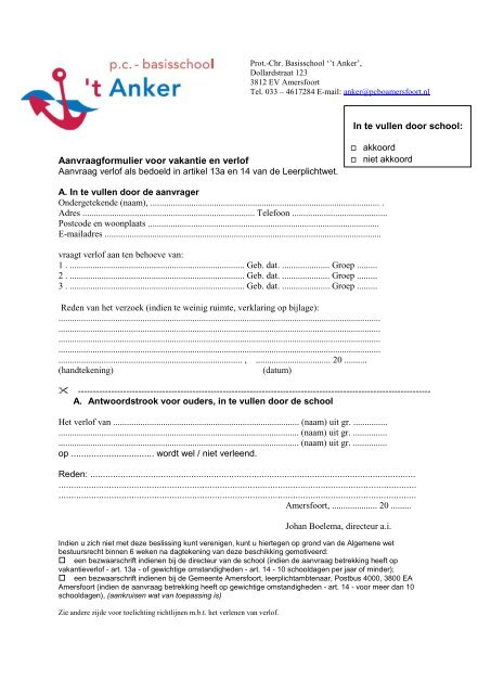 Aanvraagformulier voor vakantie en verlof In te vullen door ... - t Anker