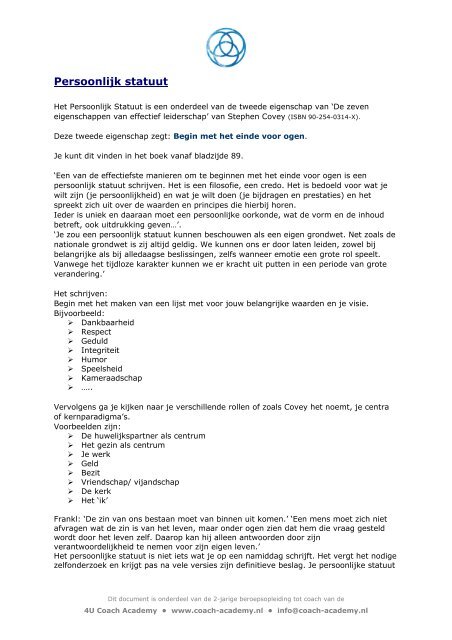 Persoonlijk statuut - Covey - 4U Coach Academy
