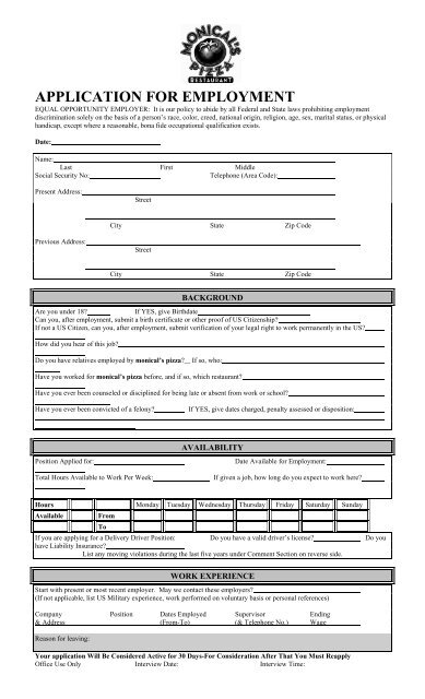APPLICATION FOR EMPLOYMENT - Monical's Pizza