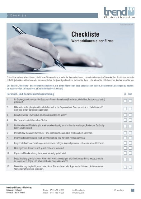 Checkliste aller Werbeaktionen einer Firma, Test ... - trendup