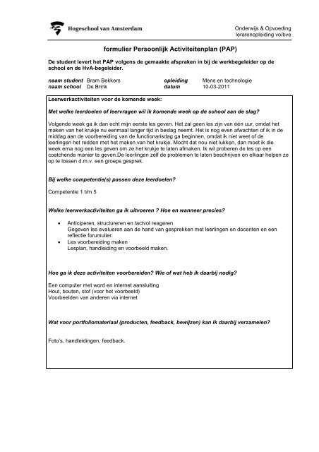 formulier Persoonlijk Activiteitenplan (PAP)