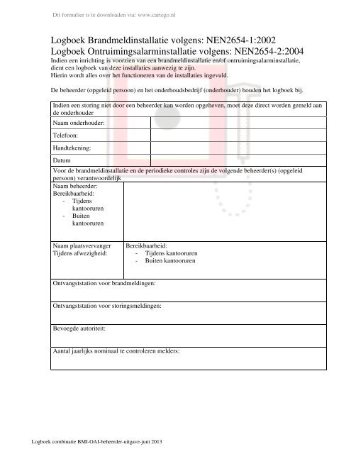 Invulformulier eigen controles aan de brandmeldinstallatie - cartego.nl