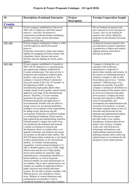List of projects and project proposals