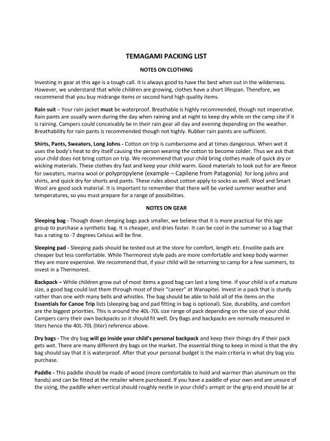 TEMAGAMI PACKING LIST - Camp Wanapitei