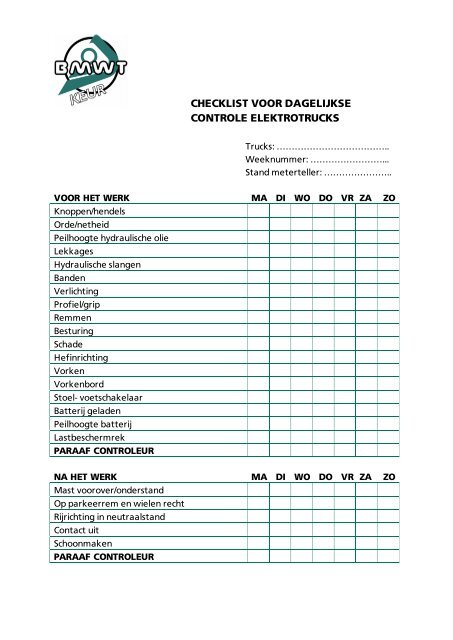 checklist voor dagelijkse controle elektrotrucks - Bmwt