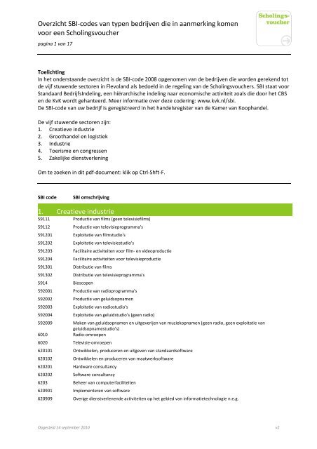 Overzicht SBI-codes van typen bedrijven die in aanmerking komen ...