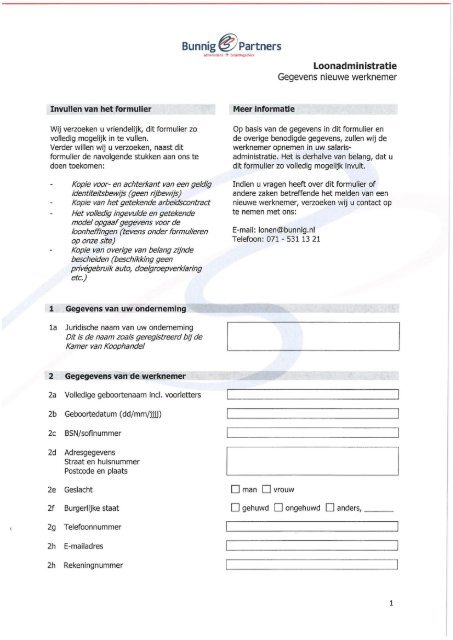 Model opgaaf gegevens nieuwe werknemer - Bunnig & Partners