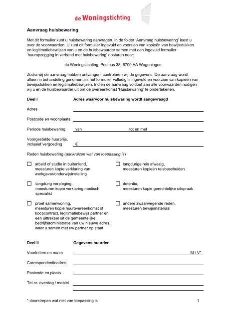 Formulier aanvraag huisbewaring - De Woningstichting