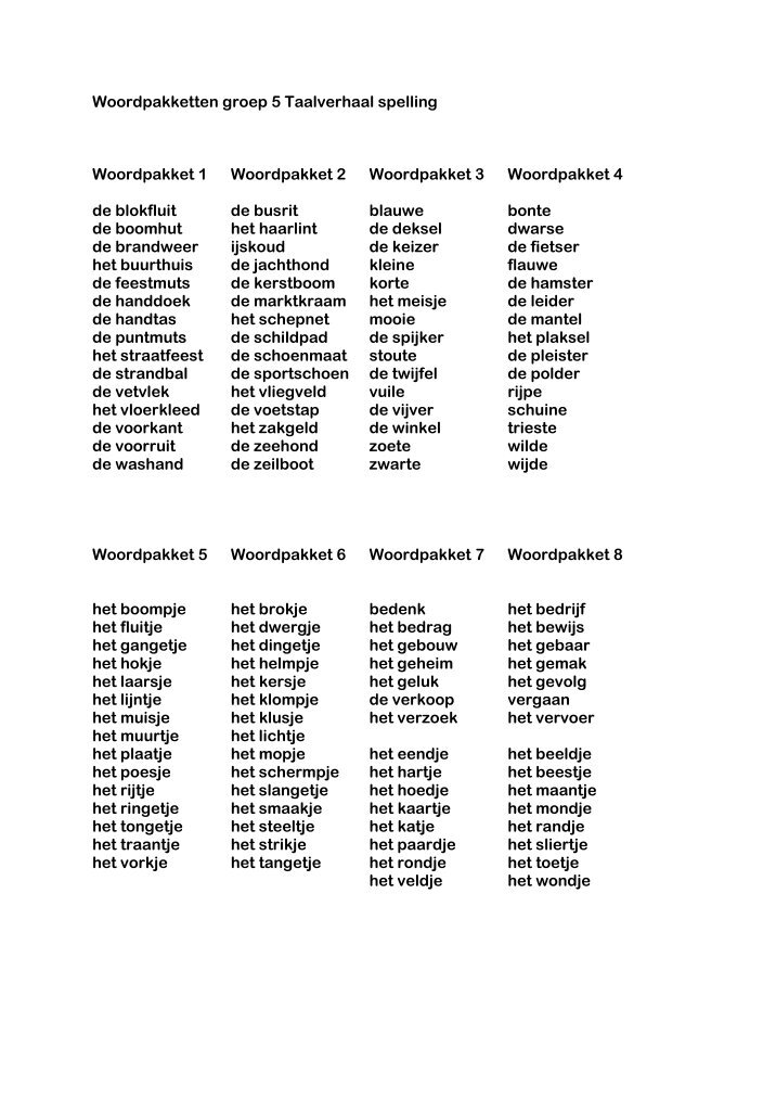 Woordpakketten Taalverhaal spelling groep 4 Woordpakket 1 bloes ...