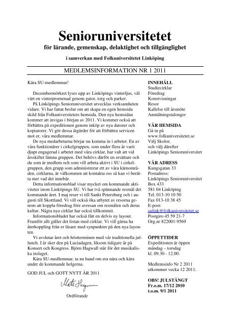Informationsblad nr 1 - 2011 - Linköpings Senioruniversitet