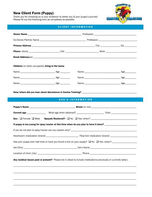 New Client Form (Puppy) - Adventures in Canine Training