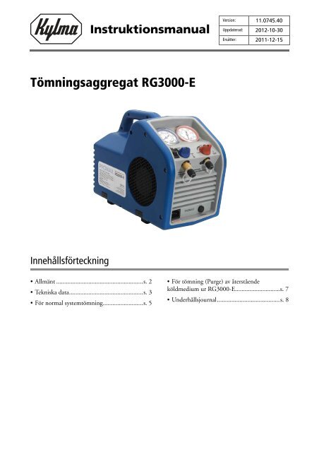 Instruktionsmanual Tömningsaggregat RG3000-E - Kylma