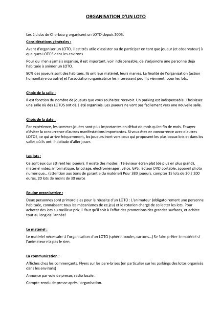 ORGANISATION D'UN LOTO