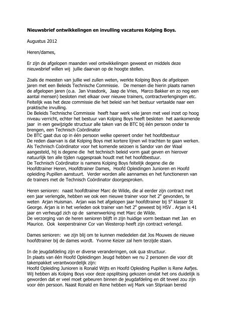 Nieuwsbrief ontwikkelingen en invulling vacatures Kolping Boys ...