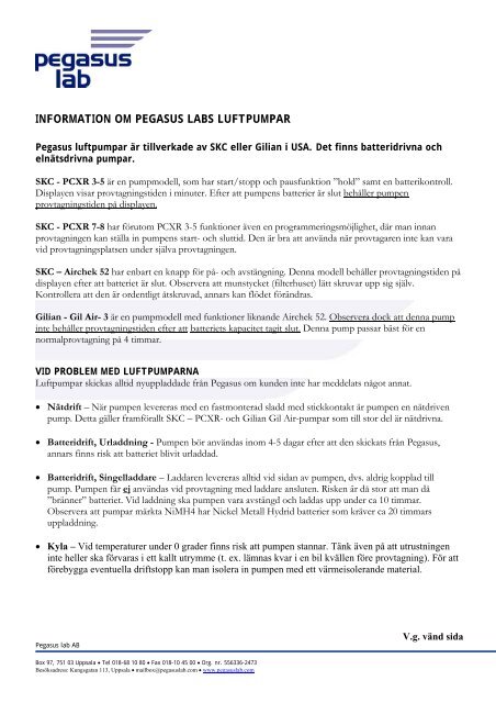 Pegasus lab AB - Pumpinformation - Eurofins Medinet