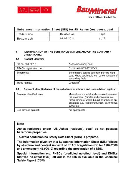 Substance Information Sheet Bottom ash