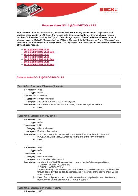 Release Notes SC12 @CHIP-RTOS V1.25 - Beck IPC Gmbh