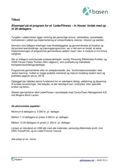 Tilbud Eksempel på et program for et 'LederFitness – In House ...