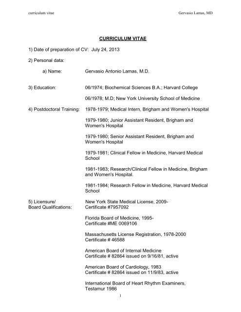 CURRICULUM VITAE 1) Date of preparation of CV ... - Cardiology