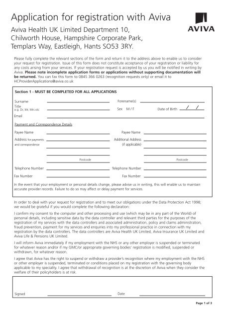 Application for Registration form - Aviva