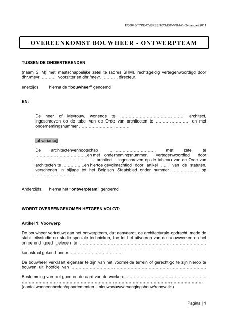 type voorbeeld overeenkomst ontwerpteam - Vlaamse Maatschappij ...