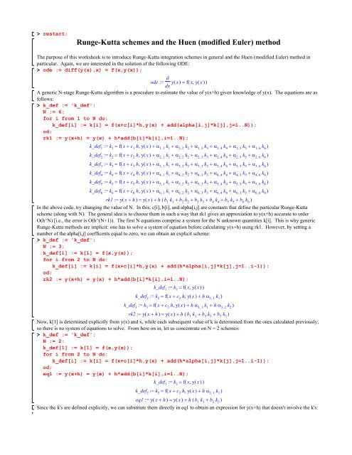 Runge-Kutta schemes and the Huen (modified Euler) method